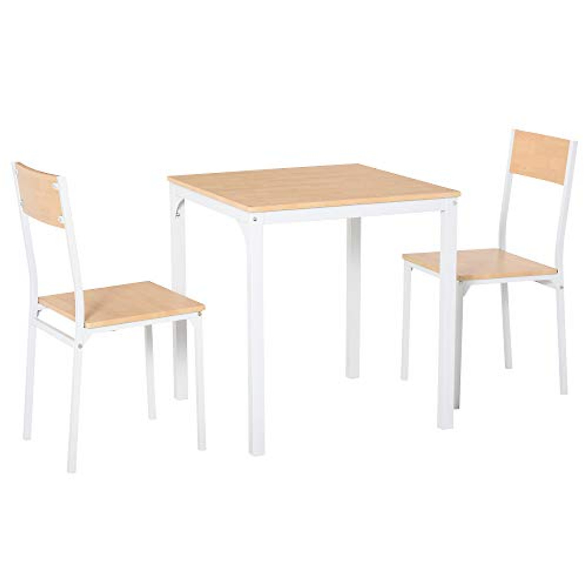 HOMCOM 3-Piece Wooden Square Dining Table Set with 1 Table and 2 Chairs and Sturdy Metal Frame for Small Space, White