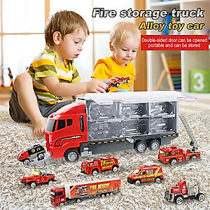 Coolplay Fire Truck Toy Set for Kids, Toy Vehicles Carrier Truck with Die-cast Cars, ​Rescue Firetruck for Boys 3-6 Years Old