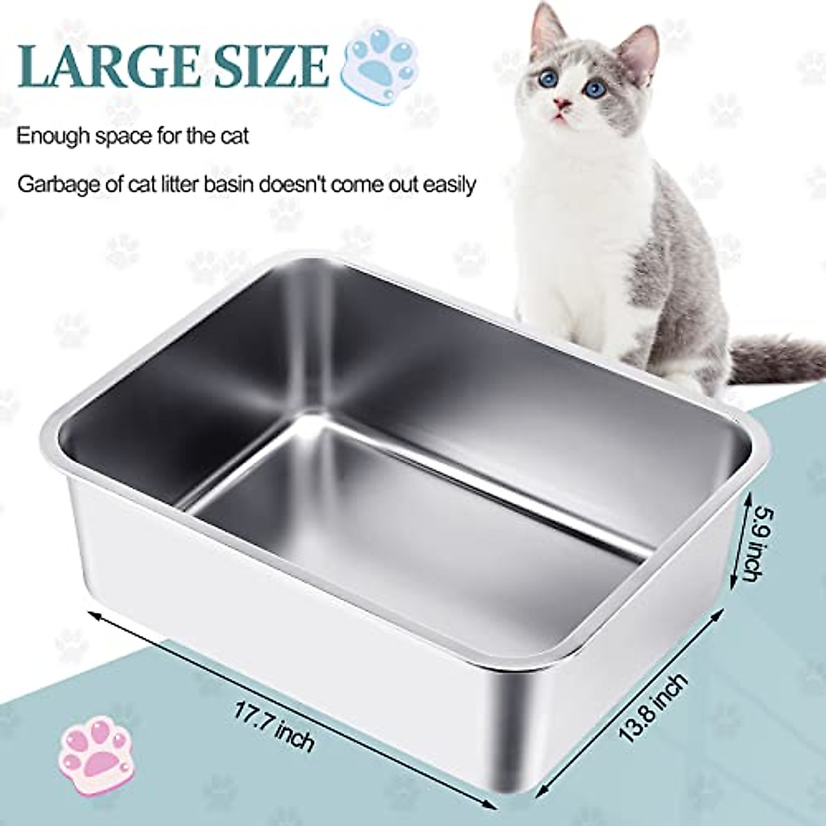 3 Pieces Stainless Steel Cat Litter Box Large Metal Litter Box Pets Litter Basin Pan Never Absorbs Odor, Rustproof, Easy to Clean, Safe and Hard for Cat Rabbits (17.7 x 13.8 x 5.9 Inches)