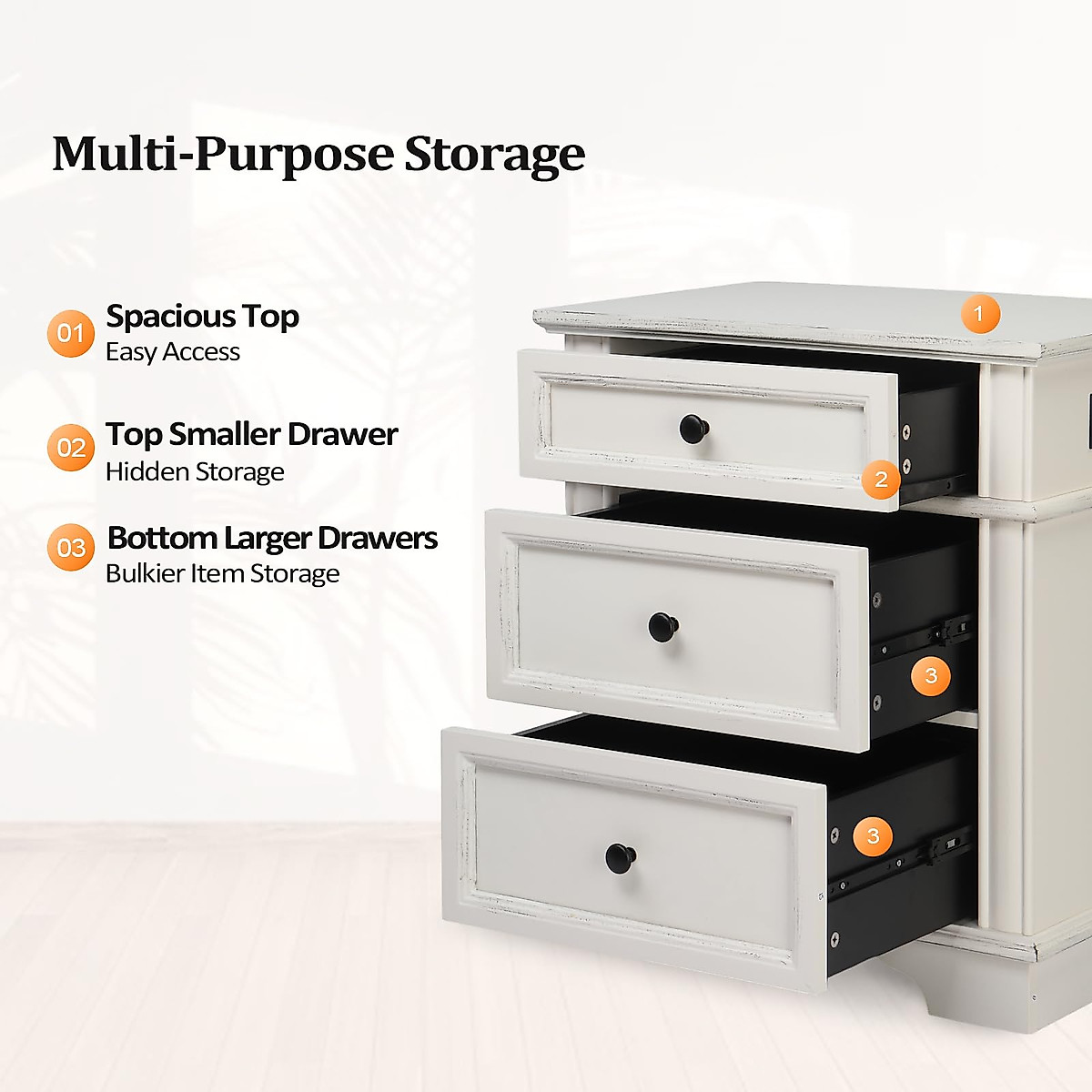 VINGLI White Nightstand Set of 2, 24" W Nightstand with Charging Station, 3 Drawer Nightstand with Textured Drawers, Large Nightstand Wood, Bedroom Nightstand, Bedside Table,Vintage Night Stand