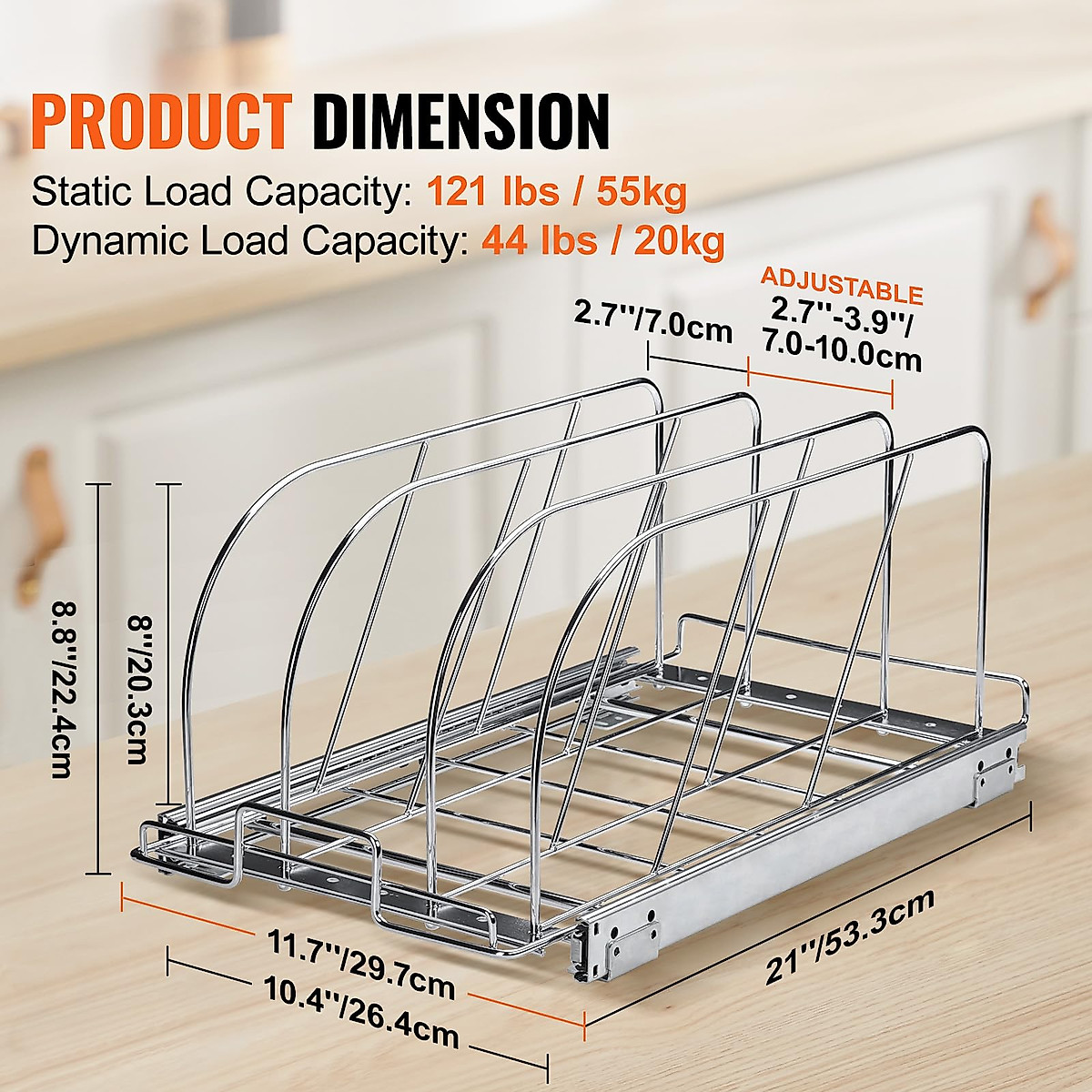 VEVOR Pan and Pot Rack, Expandable Pull Out Under Cabinet Organizer, Cookie Sheet Baking Pans tray Organization, Adjustable Wire Dividers, Steel Lid Holder for Kitchen Cabinet & Pantry Storage, 11.7"W