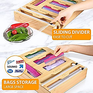 INHOTBY Foil and Plastic Wrap Organizer,Bamboo Ziplock Bag Organizer,6 in 1 Aluminum Foil Dispenser with Cutter,Tin Foil Baggie Organizer for Drawer,Kichen Aluminum Foil Organization and Storage