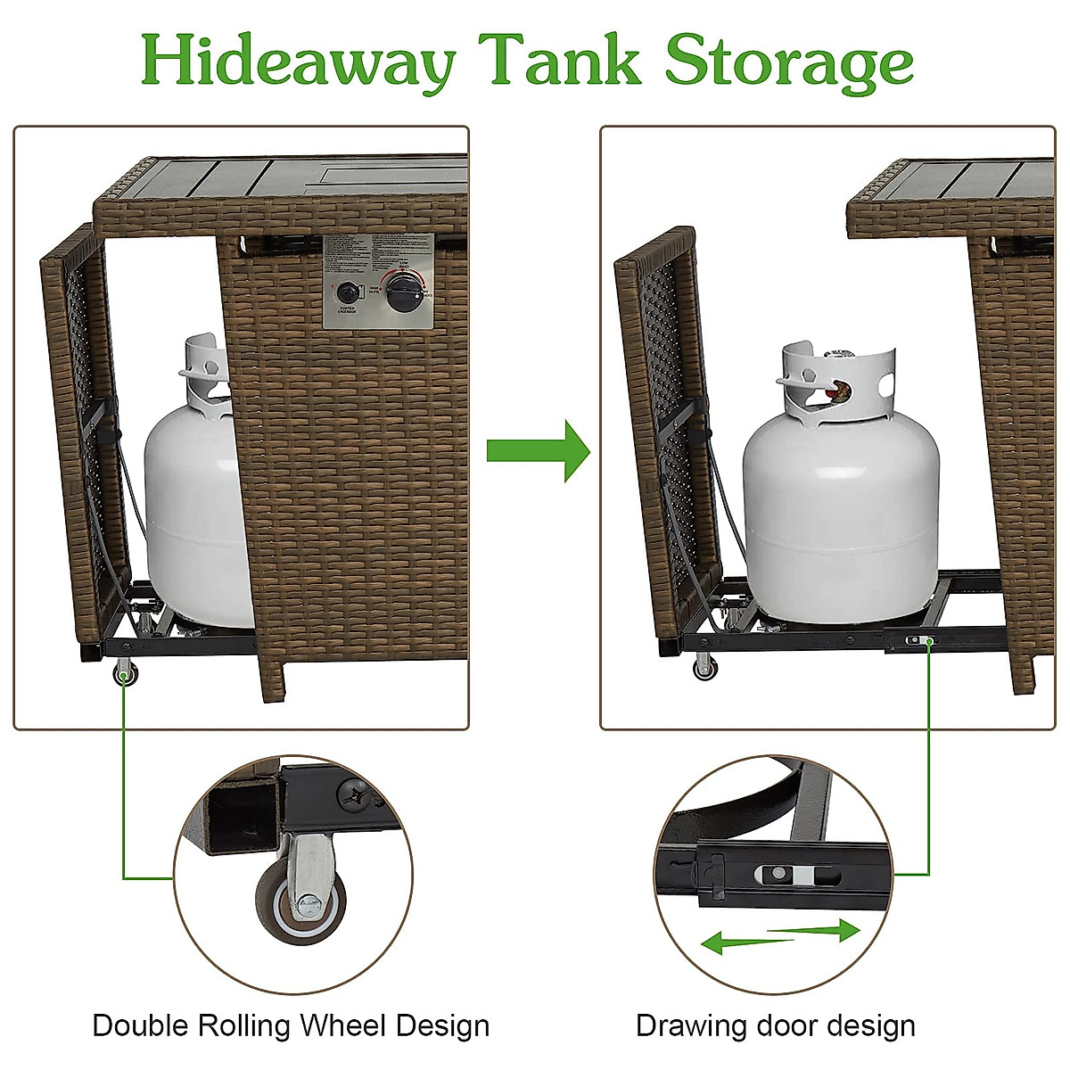 Kinsuite Propane Tank Cover Table 16" Side Hideaway Wicker Tank Table for Gas Fire Pits, Rattan Tank Table Cover with Storage & Adjustable Foot for Standard 20 Gallon Propane Tanks, Brown