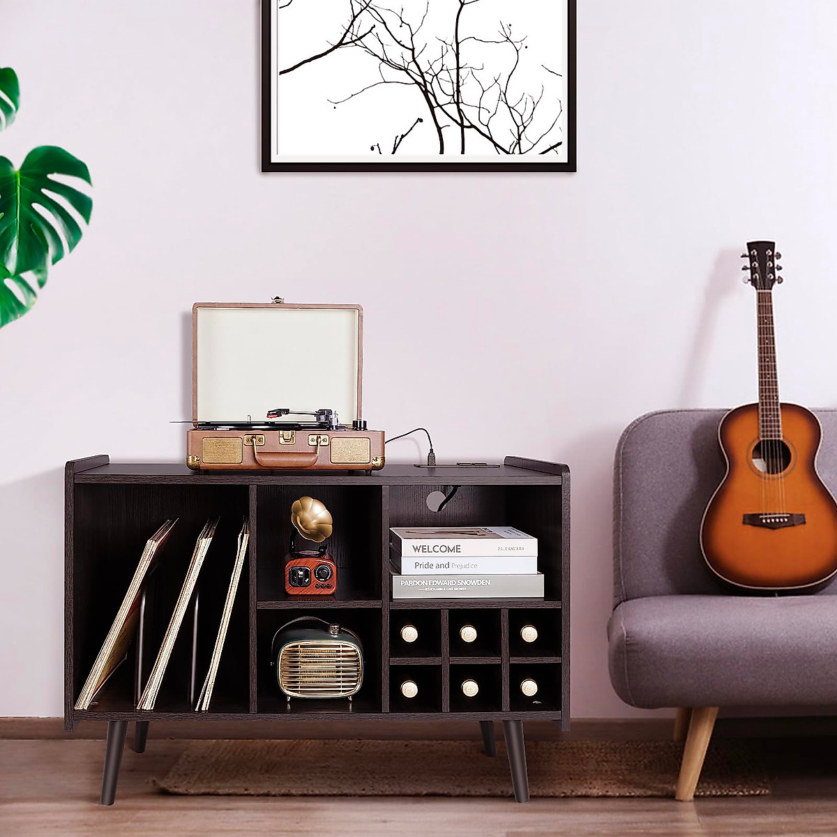 INFANZIA Vinyl Record Player Stand, Large Wooden Turntable Stand Holds Up to 200 Albums, Mid-Century Record Storage with Power Outlets, Record Organizer Cabinet for Living Room, Bedroom, Office