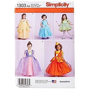 CSS Industries, Inc. Simplicity 1303 Girl's Halloween Costume Princess Dress Sewing Pattern, Sizes 1/2-2, Blue, Yellow, Green, Purple, Orange