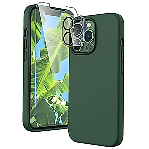 TOCOL 5 in 1 for iPhone 13 Pro Max Case, with 2 Pack Screen Protector + 2 Pack Camera Protector, Liquid Silicone [Anti-Scratch], Alpine Green