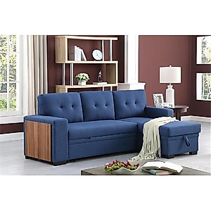 Devion Furniture 92" W Modern L-Shaped Polyester Fabric Upholstered Reversible Side Compartment Sleeper Sectional Sofa Bed with Chaise in Blue Finish