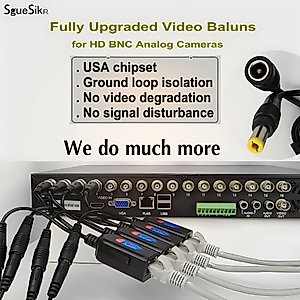 SGUESIKR 4 Pair BNC to RJ45 Passive Video Balun with Power, Cat5e/Cat6 to BNC Adapter, 1080P-8MP Analog Surveillance Camera Ethernet Cable Transceiver - Compact, Ground-Loop Isolated