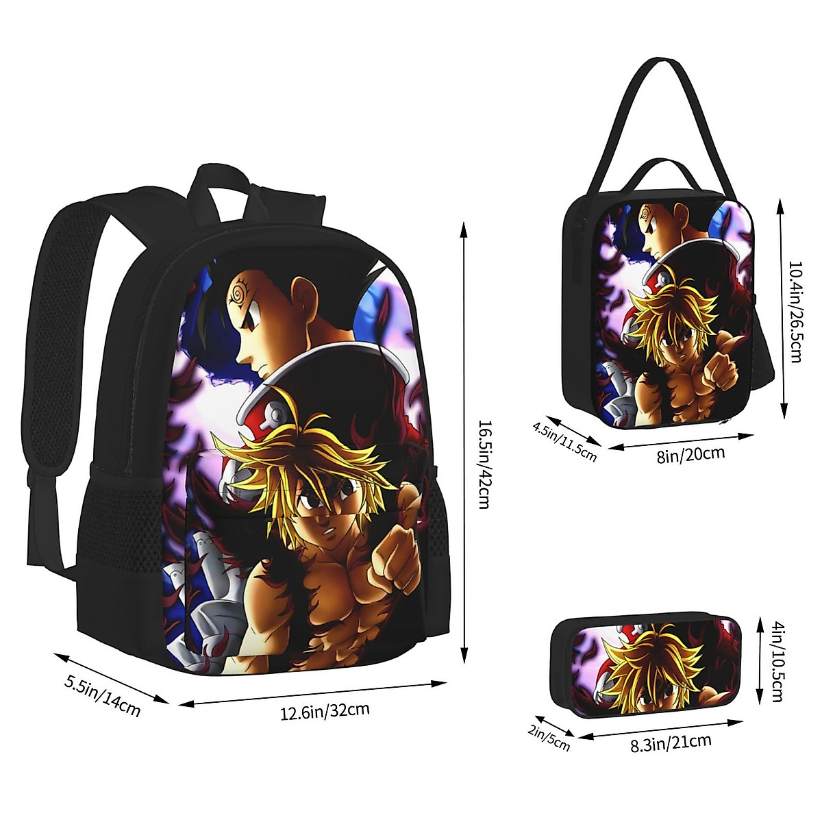 ORPJXIO Backpack 3 Piece Set The Seven Anime Deadly Sins Laptop Backpack Pencil Case Lunch Bag Combination For Travel Work Camping
