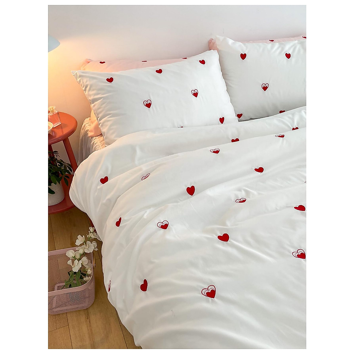 QWINEE 3Pcs Heart Embroidered Duvet Covers Sets Soft 3 Pieces Farmhouse Bedding Set with 1 Comforter Cover and 2 Pillowcases for All Season Rustic Lightweight White A Full