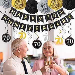 Yoaokiy 70th Anniversary Decorations Kit - 16Pcs - Including 1Pcs Happy 70th Anniversary Banner, 9Pcs 70 Hanging Swirl, 6Pcs Poms - 70th Wedding Anniversary Party Decorations Supplies…