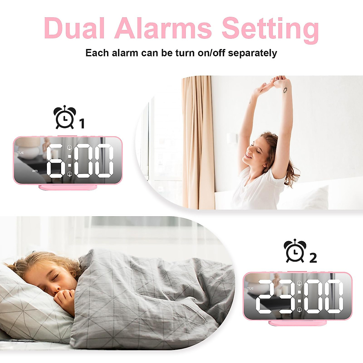 ALANAS Digital Alarm Clock, Dual Alarms with Snooze,Pink Alarm Clocks for Girls, Brightness Dimmer, 2 USB Charging Ports for Cellphone, Mordern Alarm Clocks for Bedroom Bedside Classroom