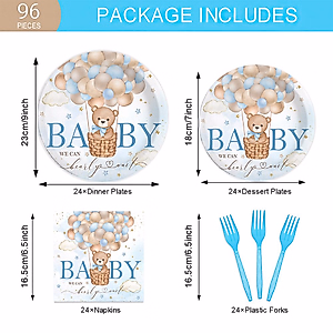 Fitumiw 96Pcs Blue Bear Baby Shower Party Tableware Supplies Bear Plates and Napkins We Can Bearly Wait Party Set Baby Shower Party Decorations for Boy Serve 24 Guests
