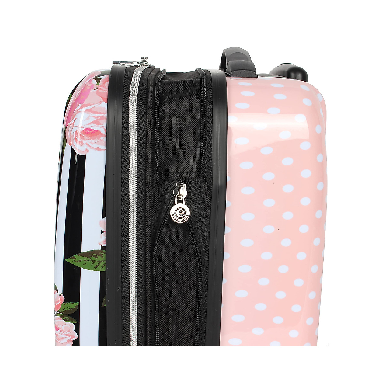 Betsey Johnson Designer Underseat Luggage Collection - 15 Inch Hardside Carry On Suitcase for Women- Lightweight Under Seat Bag with 2-Rolling Wheels (Stripe Roses)
