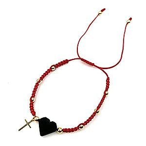 LESLIE BOULES Red Thread Genuine Heart Azabache Bracelet with Tiny Gold Plated Catholic Cross Handmade Jewelry