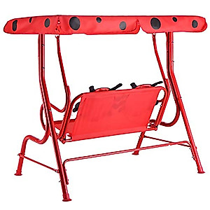 Costzon Patio Swing,All-Weather Porch Swing w/Safety Belt, 2 Seats Outdoor Lounge Chair Hammock w/Removable Canopy, Outdoor Swing Bench for Backyard Lawn Garden (Ladybug Pattern,Red)