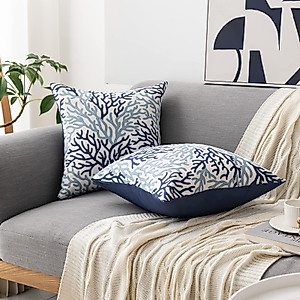 Tritard Nautical Coastal Throw Pillow Covers Set of 2 Decorative Outdoor Pillow Covers Waterproof Fabric Ocean Themed Beach Coral Print Pillowcases for Bedroom Living Room Patio Couch, 18" x 18", Blue