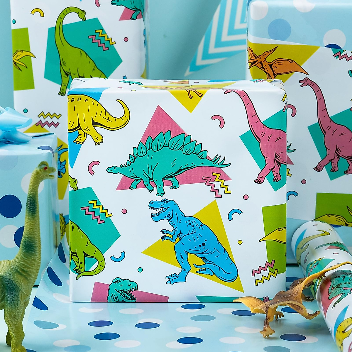 MAYPLUSS Wrapping Paper Sheet - Folded Flat - 3 Large sheets - Green Dinosaurt Design(22.6 sq.ft.ttl) - 27.5 inch X 39.4 inch Per Sheet