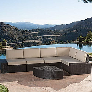 Christopher Knight Home Santa Cruz Outdoor Wicker Sectional Sofa Set with Water Resistant Cushions, 6-Pcs Set, Brown