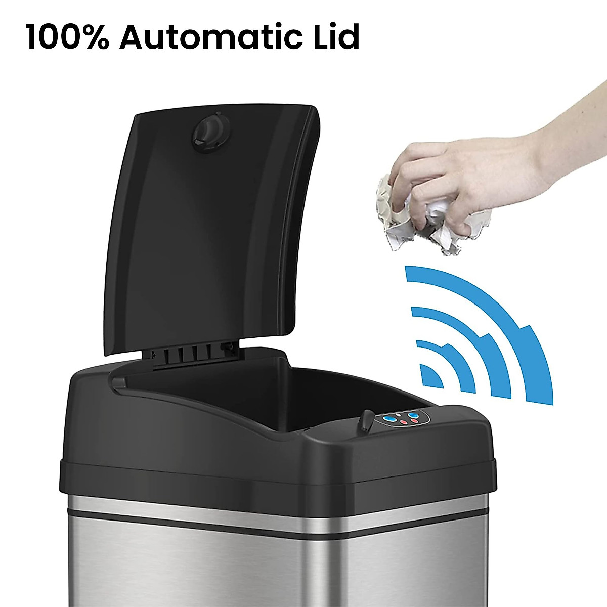 iTouchless 13 Gallon Glide Sensor Trash Can with Wheels and 10 Premium Trash Bags, Odor Control System, Automatic Kitchen and Office Garbage Bin, Stainless Steel