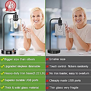 Set of 2 Industrial Table Lamps with 2 USB Port, Fully Stepless Dimmable Lamps for bedrooms, Bedside Nightstand Desk Lamps with Seeded Glass Shade for Reading Living Room Office 2 LED Bulb Included