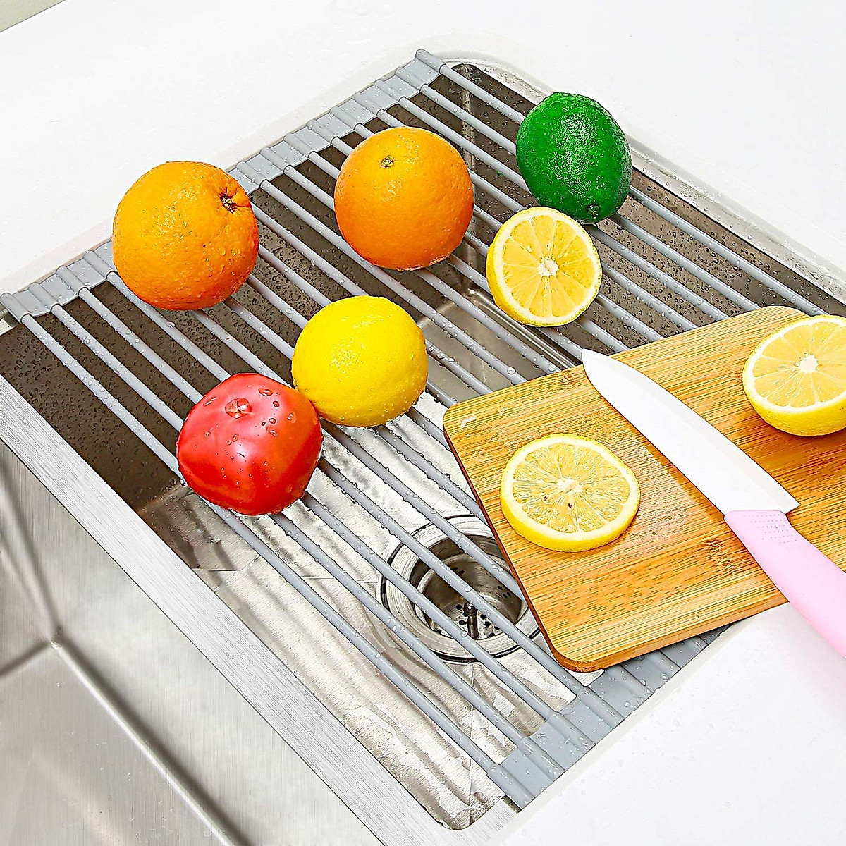 Ohuhu Roll Up Dish Drying Rack, Over The Sink Multipurpose Roll-Up Dish Racks, 17" L x 13" W Rolling Heat-Resistant Anti-Slip Silicone Coated Dish Drainer Portable Foldable for Kitchen Counter