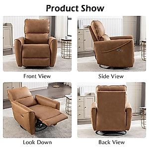 INZOY Power Recliner Swivel Glider, Electric Swivel Rocker Recliners with Lumbar Support, Leathaire Nursery Rocking Recliner Chair Reclining Sofa for Living Room, Brown