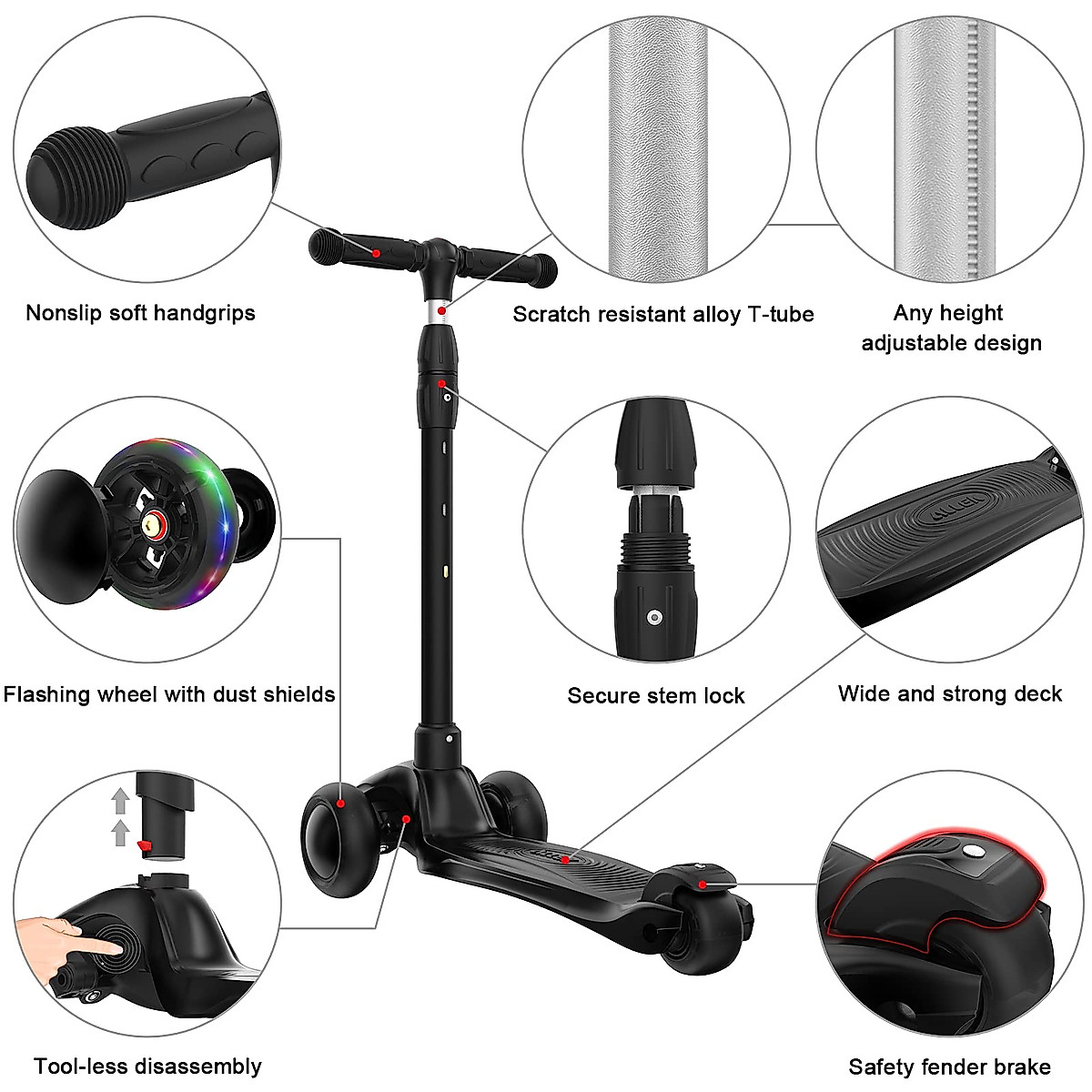 Allek Kick Scooter B03, Lean 'N Glide 3-Wheeled Push Scooter with Extra Wide PU Light-Up Wheels, Any Height Adjustable Handlebar and Strong Thick Deck for Children from 3-12yrs (Black)