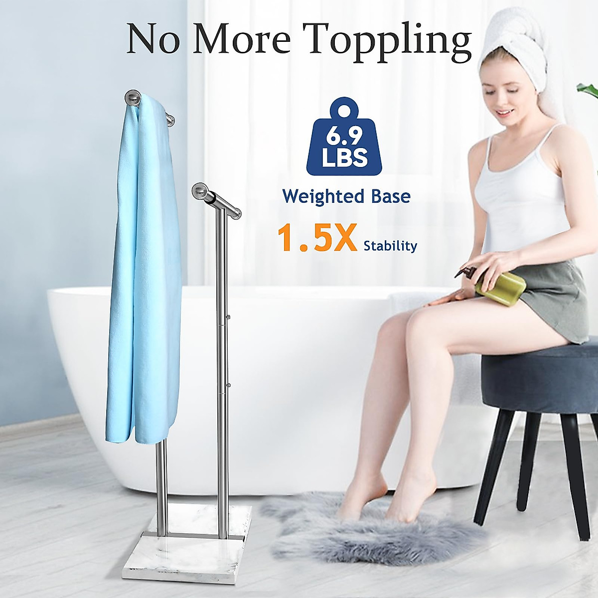 Kayfia 40" Standing Towel Rack with Weighted Marble Base, Width Adjustable & Taller Bathroom Towel Rack Stand, 2-Tier Towel Racks for Bathroom, Multiple Spaces Stainless Steel Brushed Finish