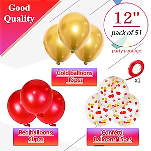 Red Gold Balloons 50 Pack, 12 inch Royal Red Latex Balloon, Metallic Gold balloons, Red Gold Mix Confetti balloon with 1 Ribbon for Christmas Valentines Day Party Decorations