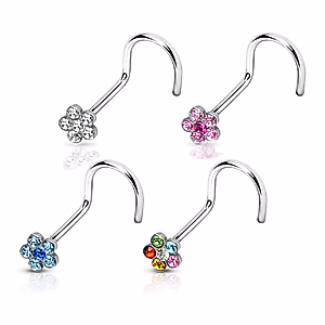 FIFTH CUE 4pc 6-Gem Flower 316L Surgical Steel Nose Screw Value Pack (18G)