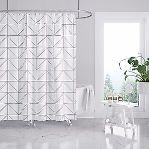 Horizon Home Essentials Modern Luxury Geometric Shower Curtain for Bathroom (White and Grey)