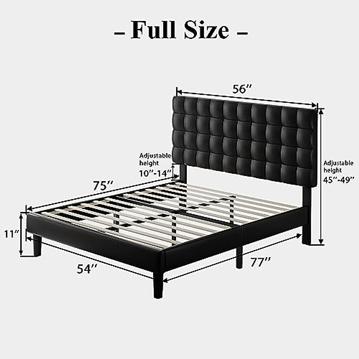 iPormis Full Size Platform Bed Frame, Faux Leather Upholstered Bed Frame with Square Tufted Headboard, Wood Slats Support, No Box Spring Needed, Easy Assembly, Black