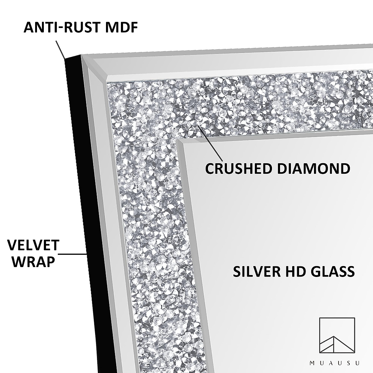 MUAUSU Crystal Full Length Floor Mirror- 59"×18" Crushed Diamond Full Body Mirror Silver Long Standing Mirror for Bedroom Living Room Bathroom Wall Mounted