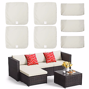 ClawsCover 7Pack Outdoor Patio Seat and Back Cushions Replacement Covers Fit for 3/5 Pieces 4-Seater Wicker Rattan Furniture Conversation Set Sectional Couch,Cream-Small (Include Cover Only)