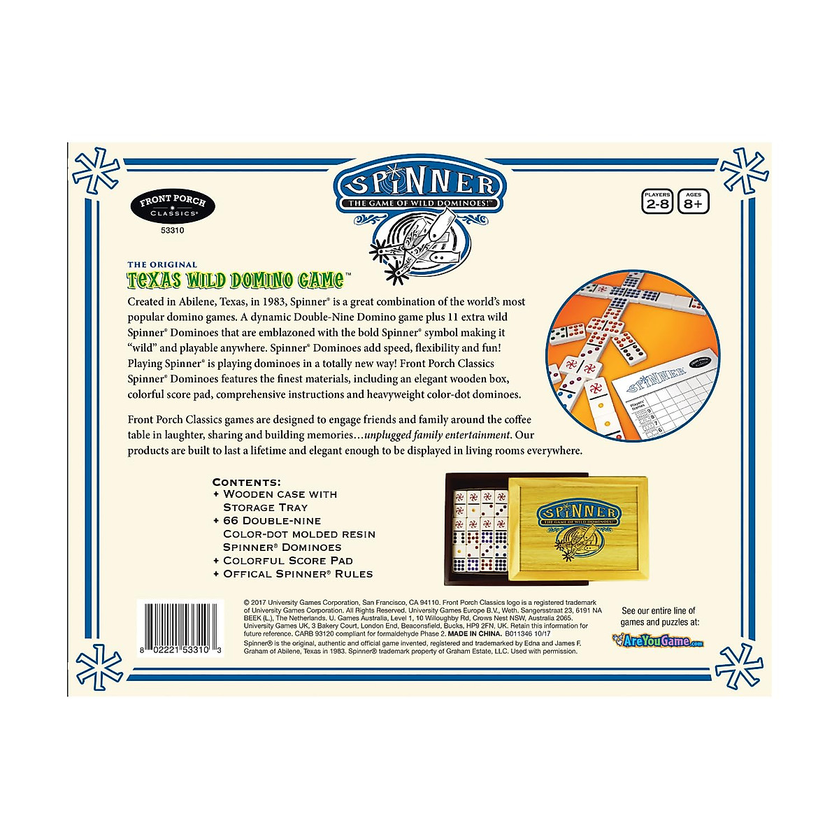 Front Porch Classics | Spinner Domino Game Set in Collectible Wooden Case from Front Porch Classics for 2 to 8 Players Ages 8 and Up