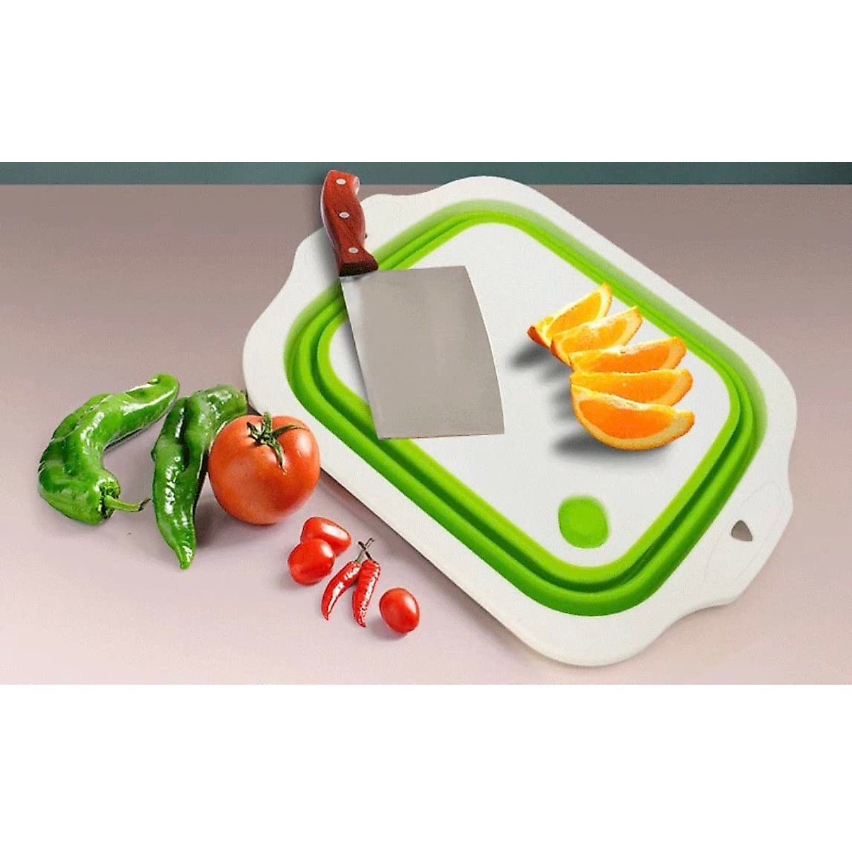 New collapsible folding colander with chopping board, vegetable washing basket silicone dish tub for BBQ Prep/Picnic/camping (grey)