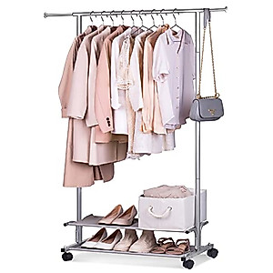 MISSLO 2 Shelves Clothing Racks for Hanging Clothes Hanger Rack Rolling Garment Rack Heavy Duty Metal Wardrobe Rack, Silver