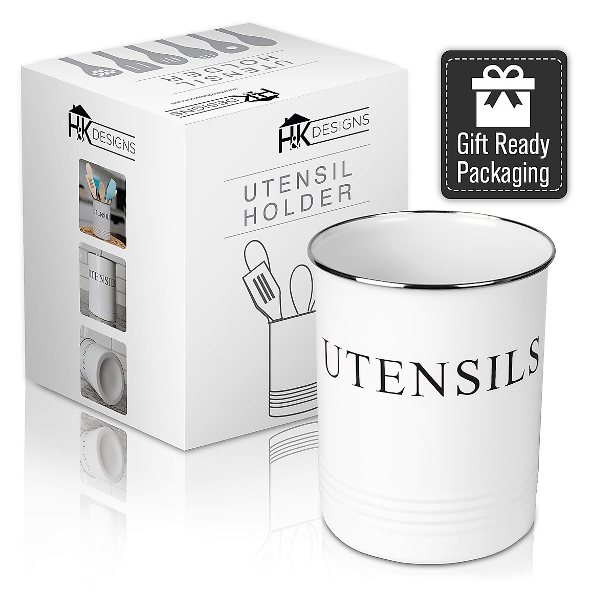 Kitchen Utensil Holder - Farmhouse Decor for Home - White Crock Organizer Caddy - Great for Large Cooking Tools by H+K Designs