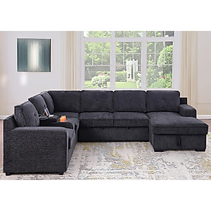 Ball & Cast 120" Sofa Bed with Pull Out Storage,5 Seat Sectional Couch with Cup Holder & USB Port,2 in 1 Design,for Living Room,Lounge,Apartment,Dark Grey
