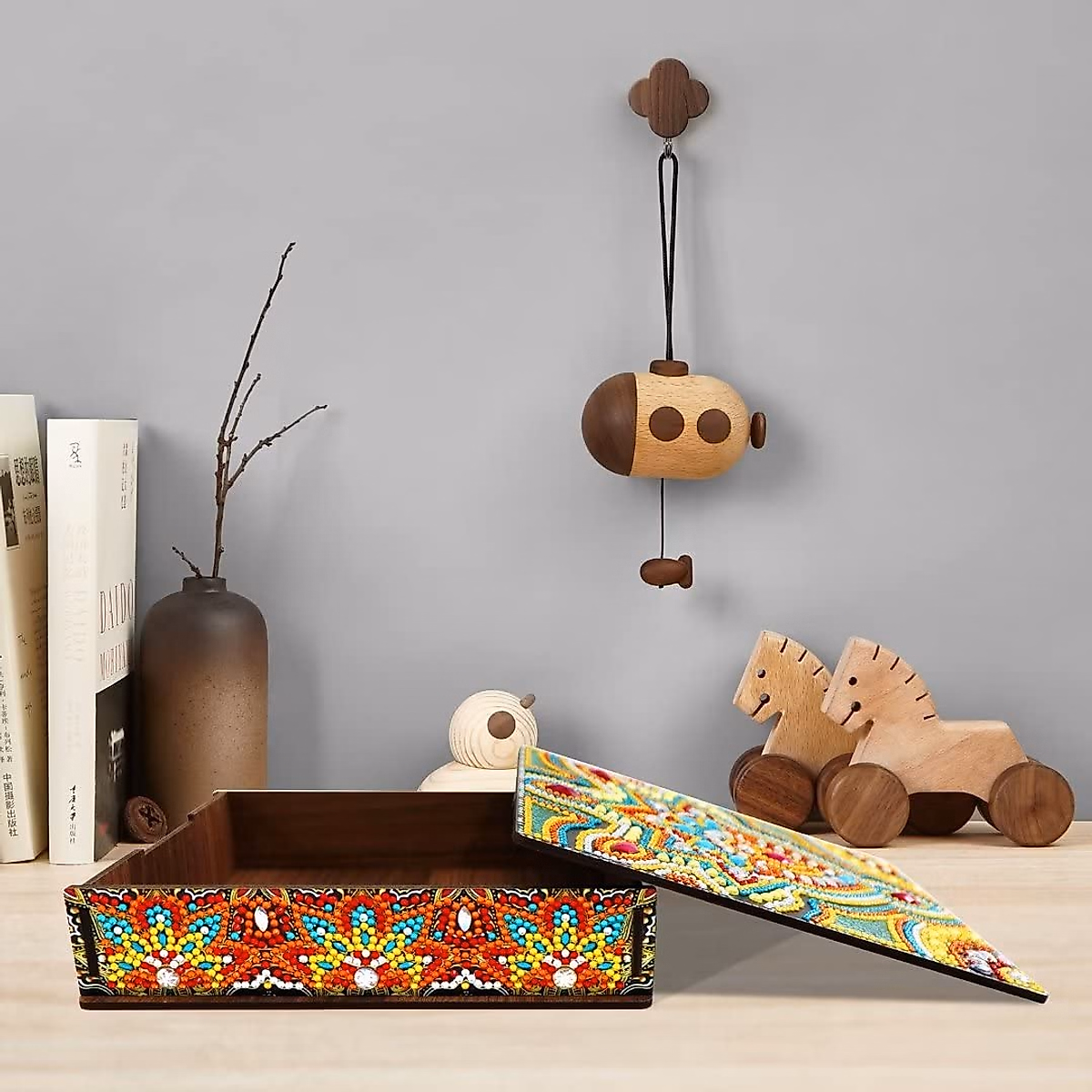 5D Diamond Painting Wooden Storage Box Rectangular Retro Desktop Decor Jewelry Storage Box Drill Wood Organizer for Home Office Storage Christmas Gift