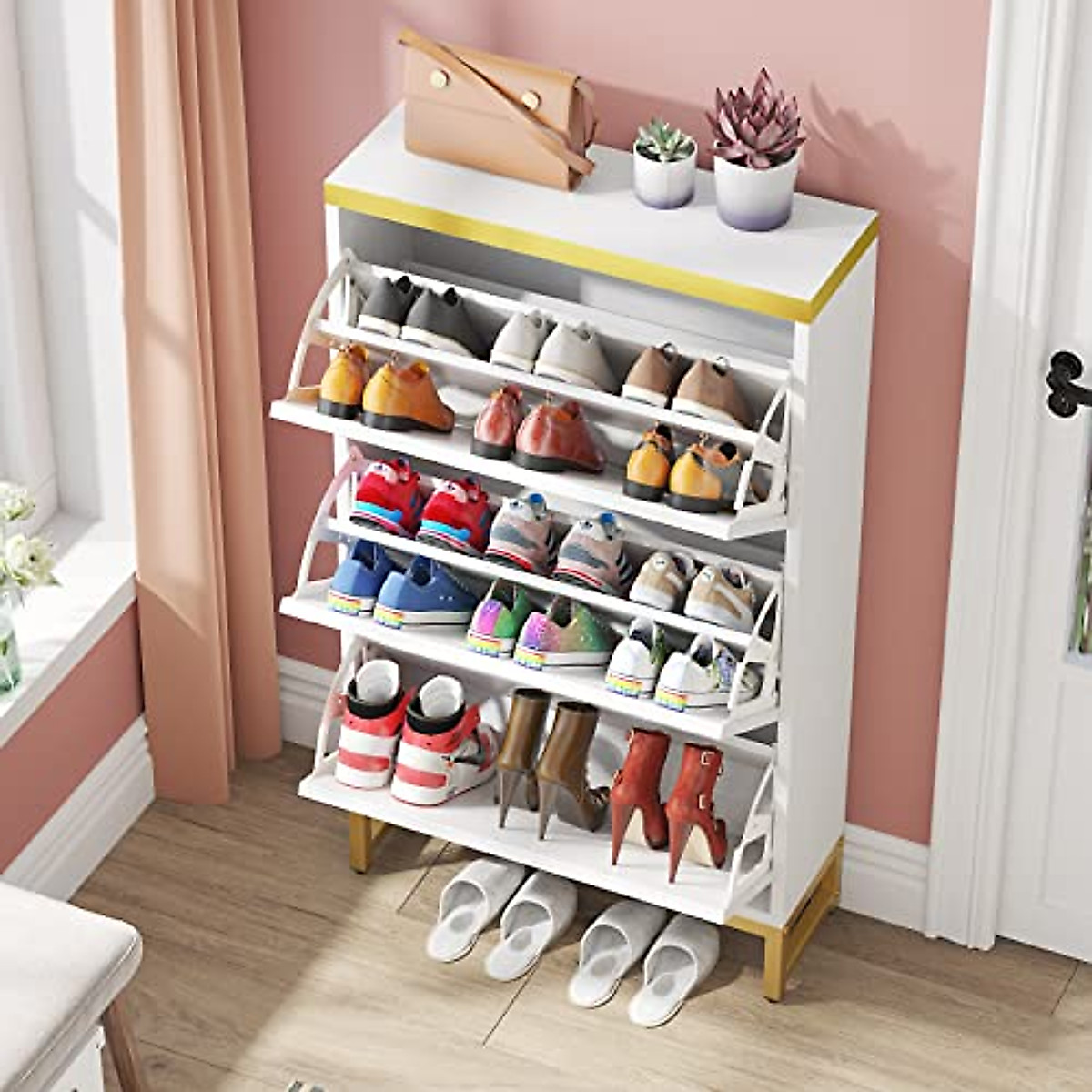 Tribesigns Shoe Cabinet with 3 Flip Drawers, Modern 18-24 Pair Shoe Rack Organizer with 2 Hanging Hooks, Freestanding Tipping Bucket Shoe Storage Cabinet for Entryway