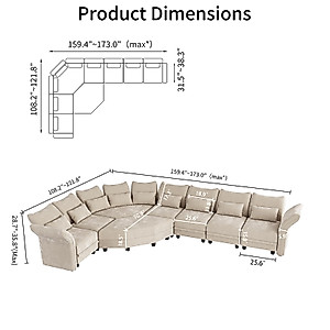 LLappuil 173" L Shaped Sectional Sofa Corner Modular Couches with 2 Diamond Ottoman, 8 Seats Chenille Sectional Couch with Adjustable Armrest Backrest, Khaki