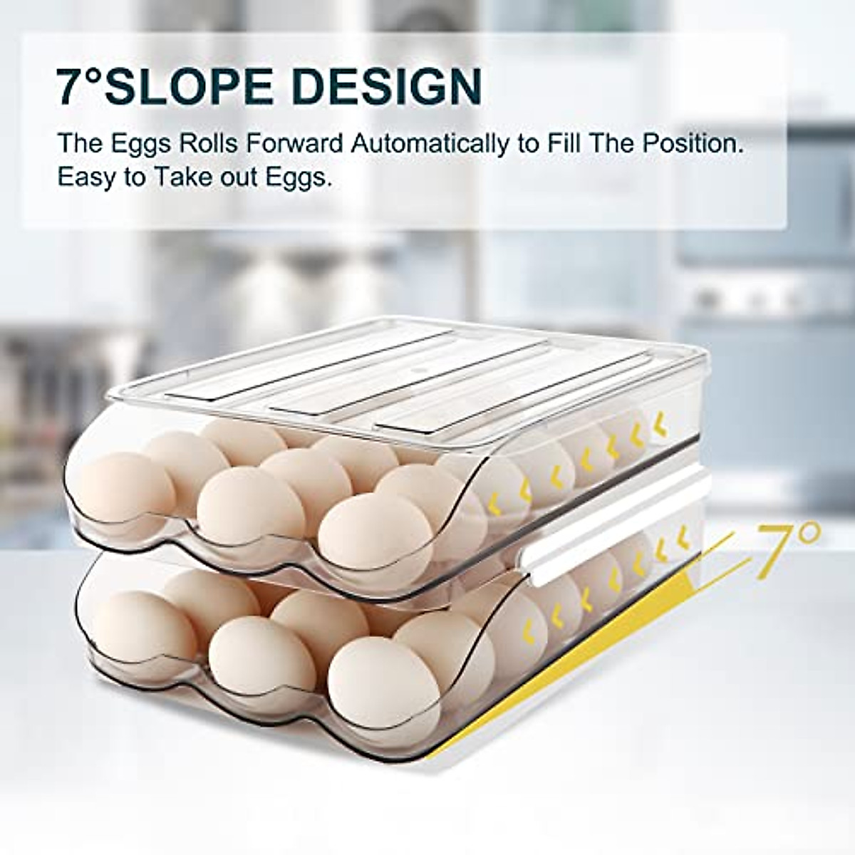 MesRosa Egg Holder , Automatically Rolling Egg Storage Container for Refrigerator,Large Capacity Organizer for Fridge with Lid,Clear Plastic Egg Dispenser, Tray & Bin -2 Layer