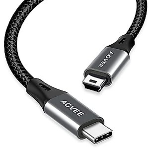 AGVEE 2 Pack 1ft USB-C to Mini USB Cable, Braided Durable Mini-B 5-Pin to Type-C Data Charging Charger OTG Cord for Hero 3+, PS3 Controller, Canon Nikon Camera, GPS, Blue Yeti, Dark Gray