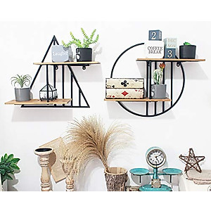 Funerom Rustic Wood and Metal Wall Mounted Floating Shelves Decorative Round Wall Shelf for Living Room, Bathroom, Kitchen