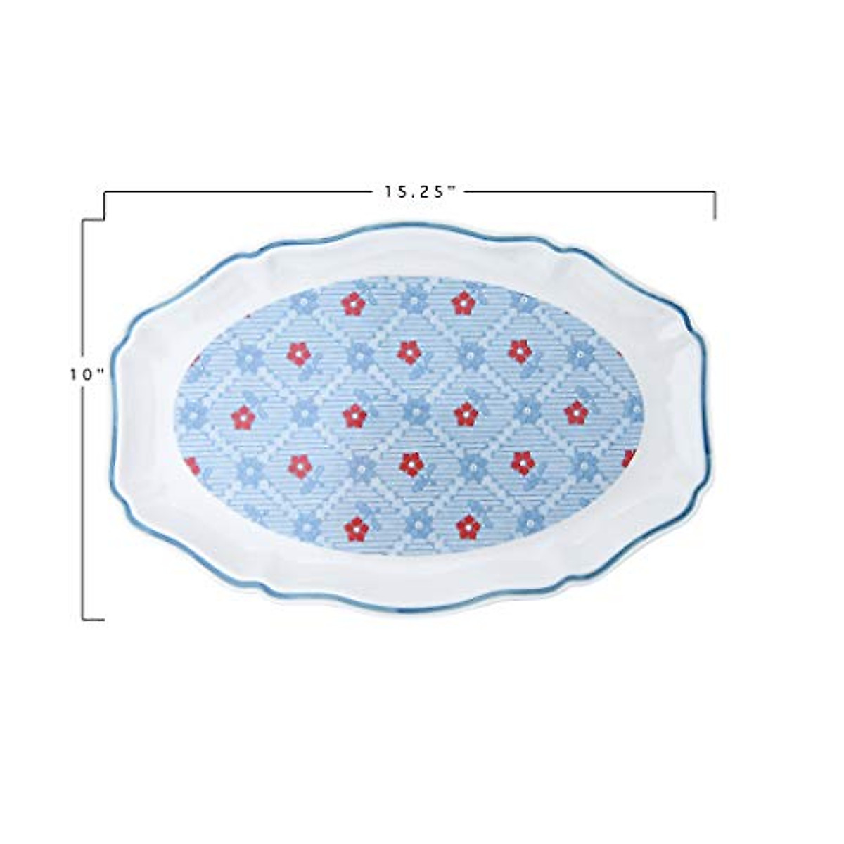 Creative Co-Op 15.25" Floral Stoneware Blue Scalloped Rim Platter