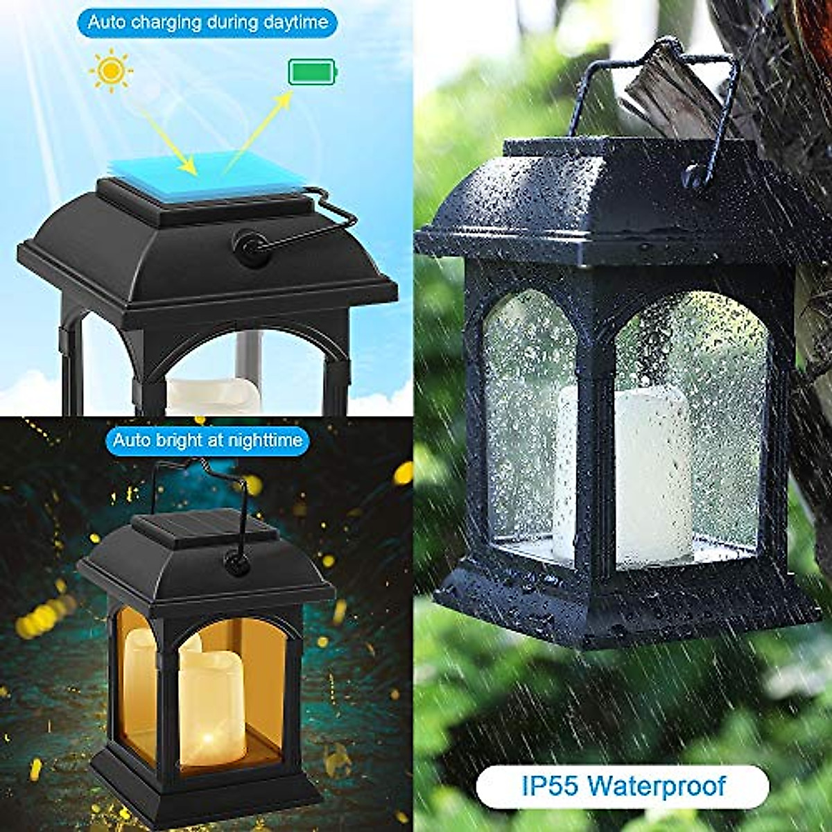 Solar Lanterns Outdoor Hanging Solar Lights, ANDEFINE Decorative Solar Lawn Lamp Flickering Candle Effect Light with Stake for Garden/Patio/Yard/Table/Umbrella/Landscape (4 Pack)