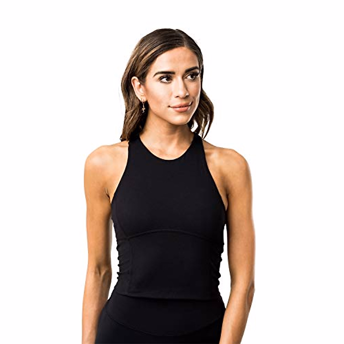 Kamo Fitness Ellyn High Neck Tank Top Sports Bra for Women Soft Padded Built-in Bra Longline Yoga Running Workout (Black, M)