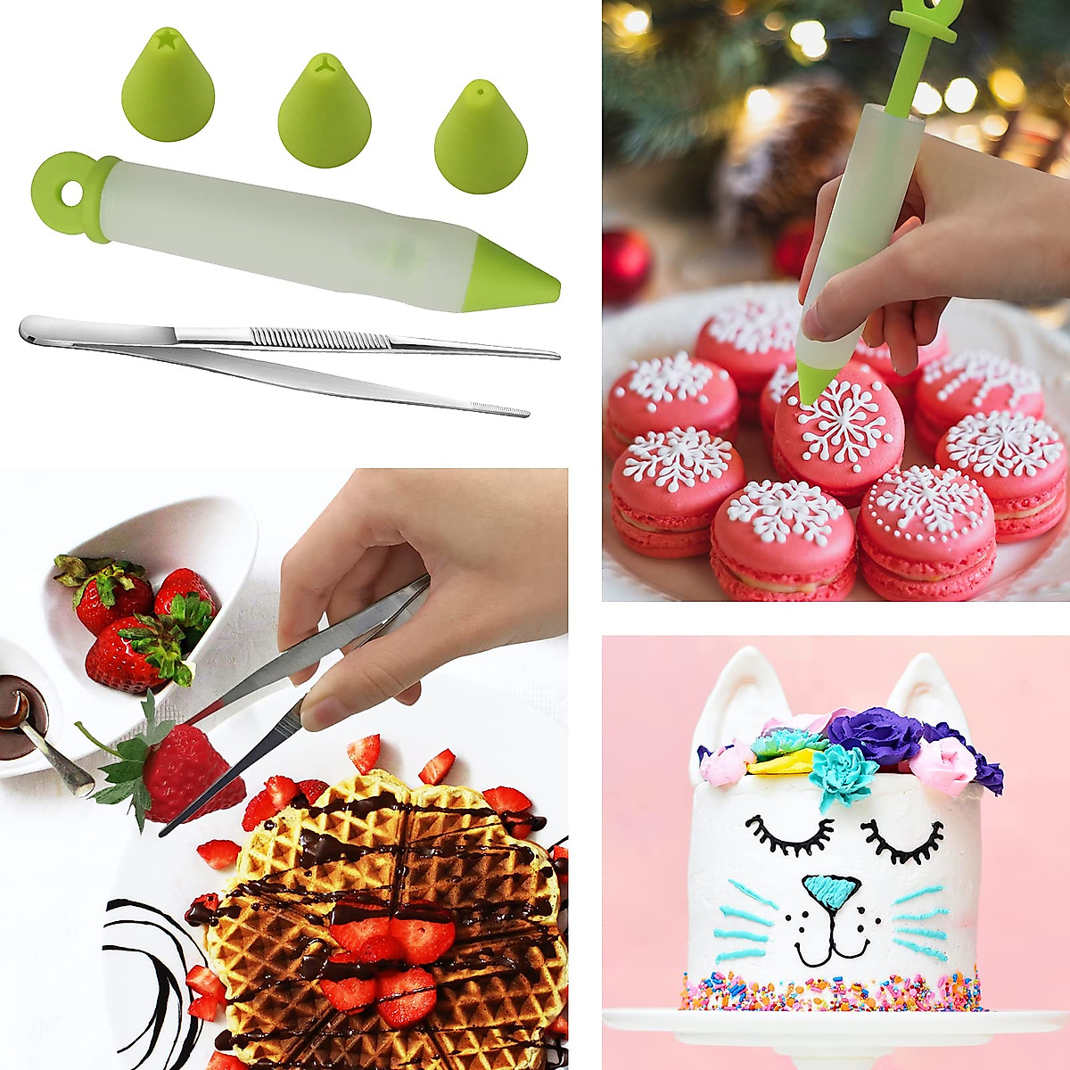 Daily Treasures 7Pcs DIY Decorating Tool Set, 3Pcs Chocolate Dipping Fork Spoons & 2Pcs Culinary Drawing Decorating Spoon with 1 Silicone Cake Decorating Pen & 1 Kitchen Tweezer for Decorative Plates